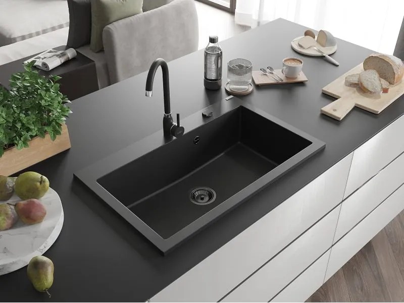 Mexen Elix granitový dřez 1-komorový 800 x 500 mm, černý, černý sifon - 6527801005-77-B