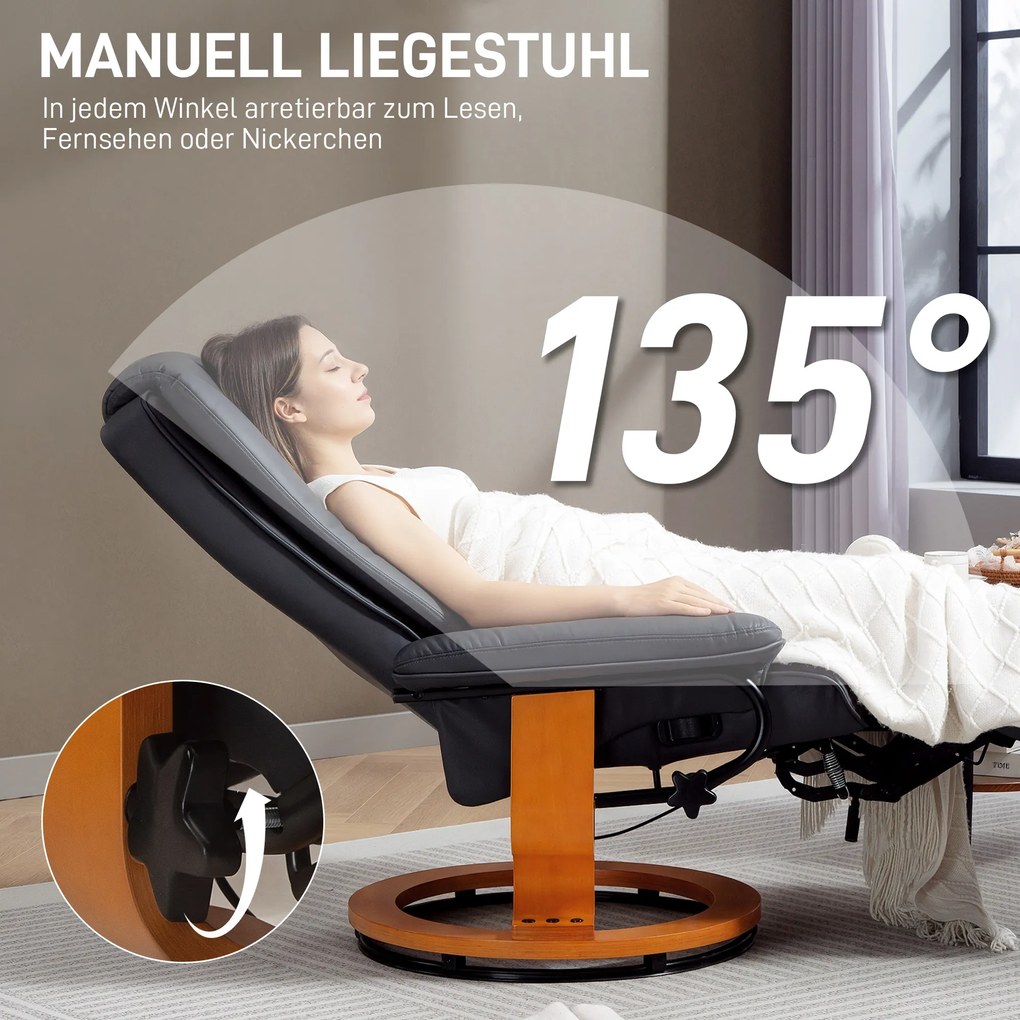 HOMCOM Relaxační křeslo s funkcí lehátka, otočné, do 150 kg, potah z umělé kůže, ocelový rám, tmavě šedá