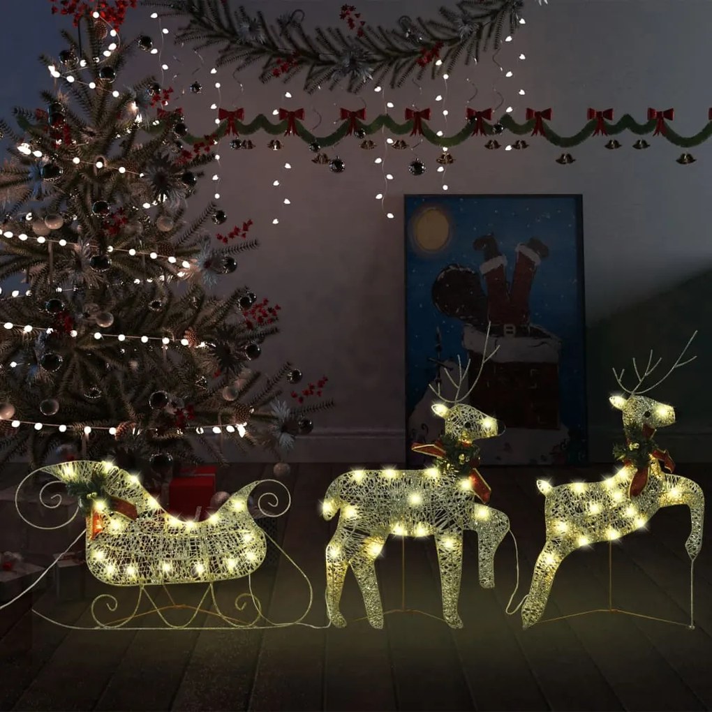 289977 vidaXL Vánoční dekorace sobi a sáně 60 LED venkovní zlatá