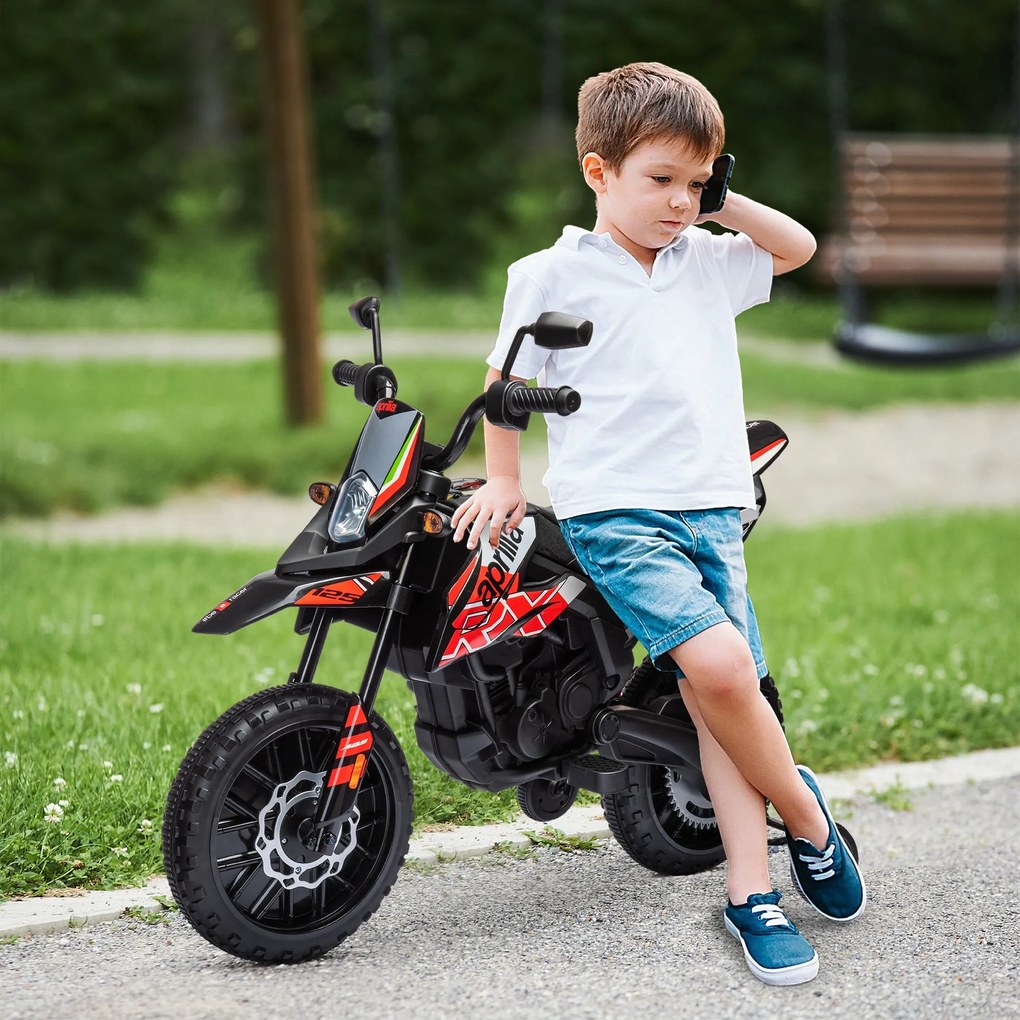 Dětská elektrická motorka AIYAPLAY křížový motocykl pod licencí Aprilia se 2 motory 12V, max. rychlost 6 km/h, tréninková kolečka, pružinové odpružení