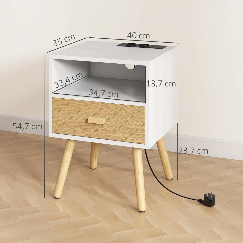 Noční stolek HOMCOM s nabíjecí stanicí, šuplíkem, 2 zásuvkami, USB & USB‑C, otevřenou policí, borovicové nohy, bílý