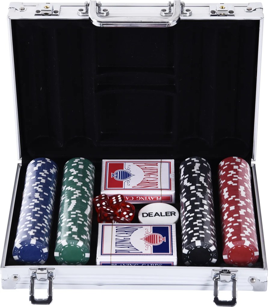 Pokerový kufřík HOMCOM s 200 žetony, 2 balíčky karet a 5 kostkami v hliníkovém kufříku, 29,5x20,5x6,5 cm, ideální pro herní večery