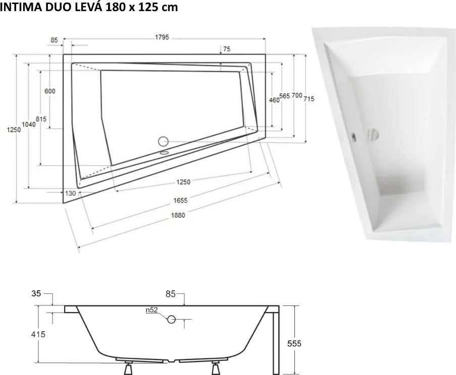Besco Intima Duo asymetrická vana 180 x 125 cm levá bílá VANINTID18L