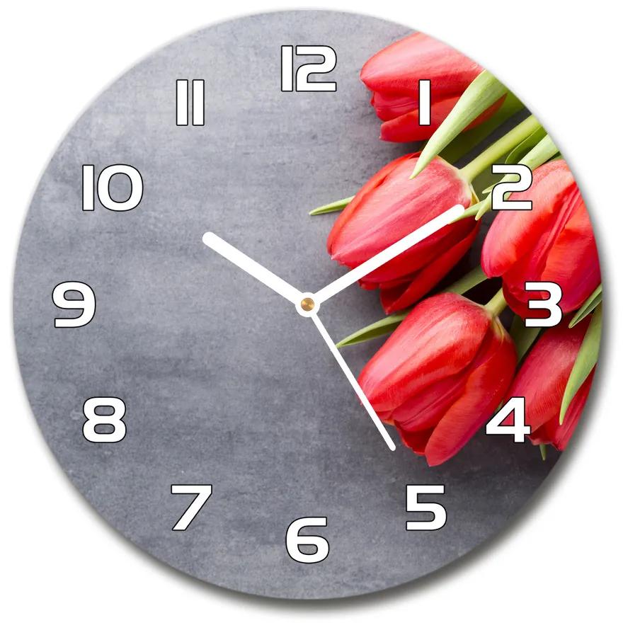 Wallmuralia Skleněné hodiny kulaté Červené tulipány fi 30 cm