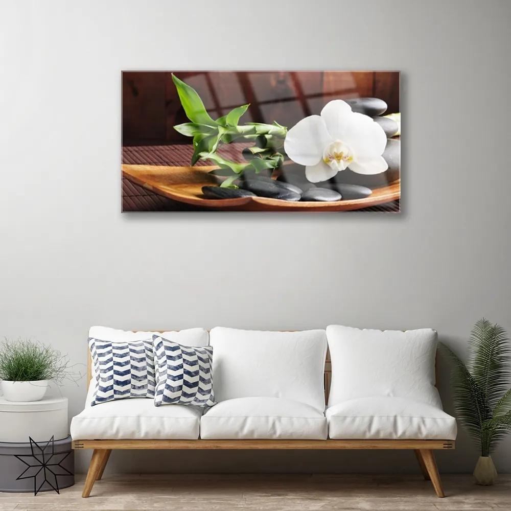 Obraz na skle Kameny Zen Bílá Orchidej 140x70 cm