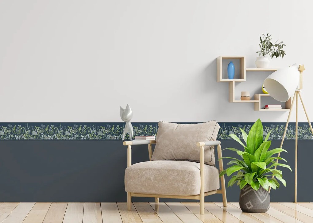 Samolepící bordura na zeď Květy Vikve na Pruské Modři | 5 m x 13.8 cm | DWB8525