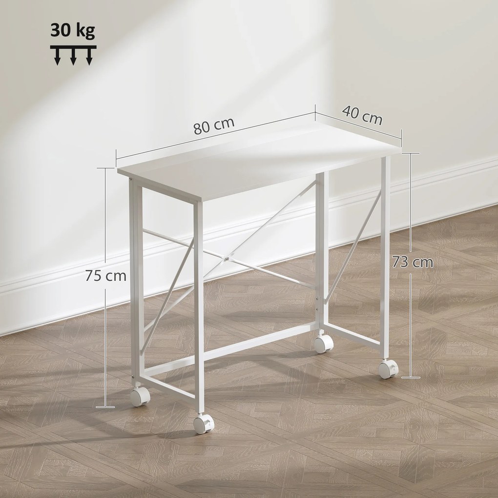 HOMCOM skládací počítačový stůl na kolečkách, 80 × 40 × 75 cm — bílý