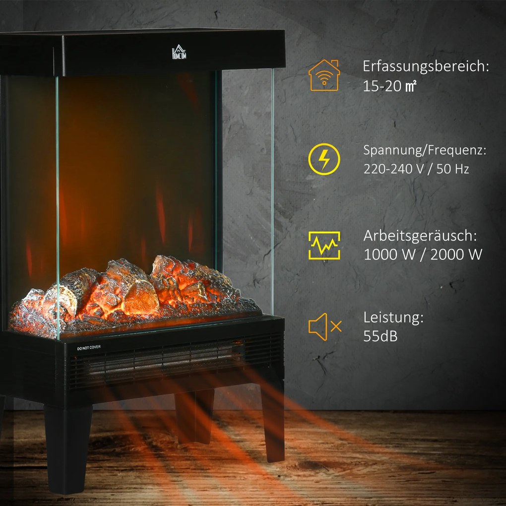 HOMCOM Elektrický krb, 2000 W, volně stojící krb s topením, LED 3D plamenový efekt, 4 úrovně jasu, elektrický krb s termostatem, ochrana proti přehřá…