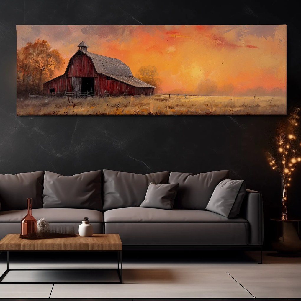 Obraz na plátně - Stará stodola a jemný západ slunce FeelHappy.cz Velikost obrazu: 210 x 70 cm
