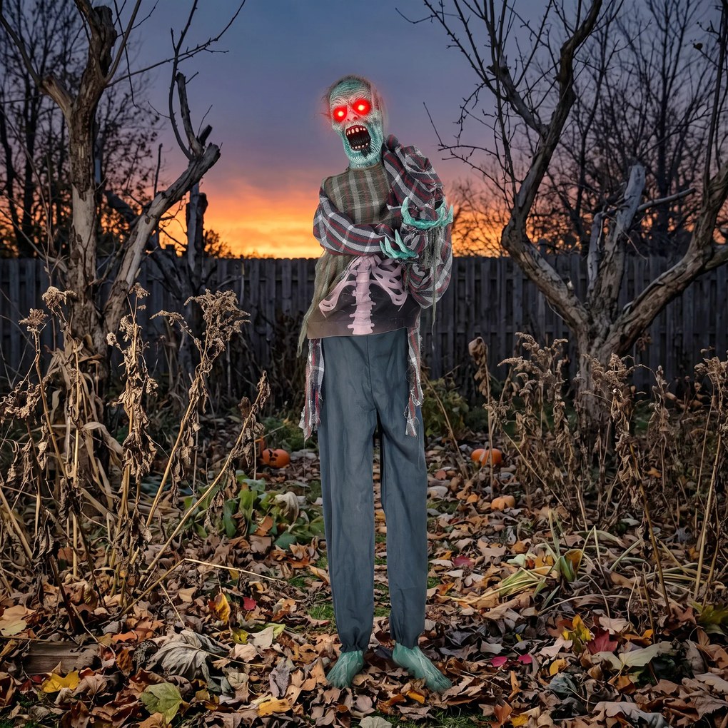 HOMCOM Animovaný Halloween zombie v životní velikosti, 170 cm, s aktivací zvukem a dotykem, hrůzostrašná dekorace