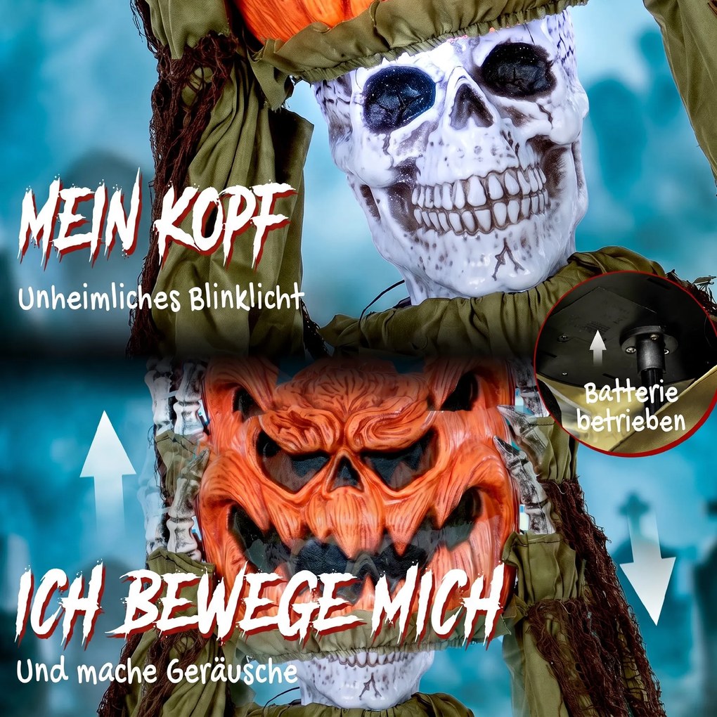HOMCOM Animovaný vyskočivý dýňový kostlivec, 173 cm, strašidelná halloween dekorace se světlem a aktivací zvukem a dotekem