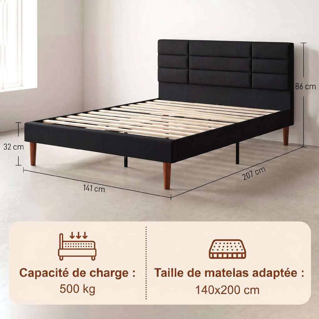 HOMCOM rám postele 140 x 200 cm s lamelovým roštem, polstrovaná manželská postel v lněném vzhledu, úložný prostor pod postelí, tišší, černý