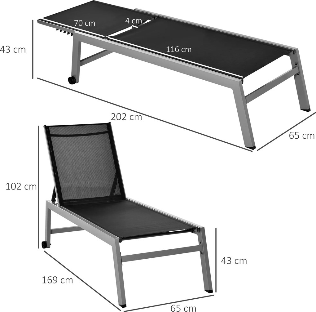 Lehátko Outsunny Relax Lounger 5-stupňové nastavitelné opěradlo hliníkové černé 169x65x102cm na zahradu a terasu | Aosom.de