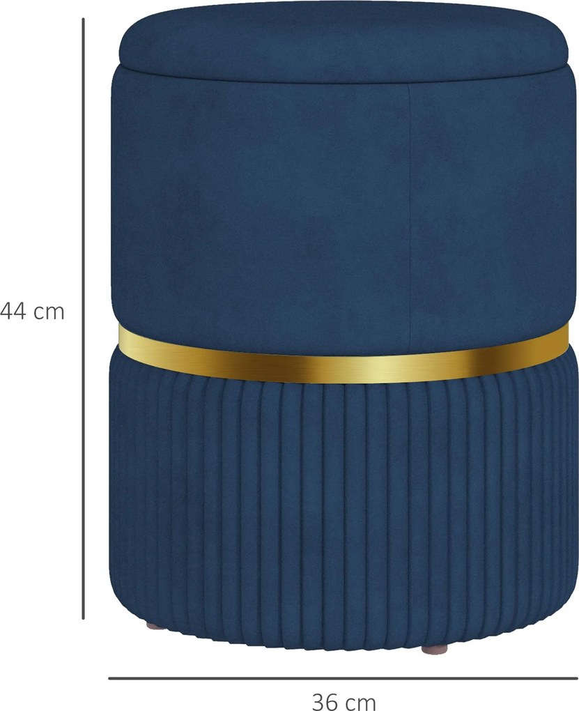 HOMCOM Pouf, taburet, úložný box, ve velurové tkanině, moderní design, 36 x 44 cm, do obývacího pokoje, ložnice, modrý
