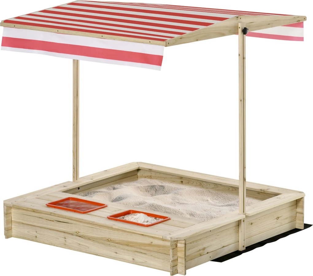 Square Wooden Sandpit Outsunny 1,18L x 1,18W x 1,18H m - Nastavitelná výška, sklon střechy, uzavíratelný - 2 vaničky - Autoklávované jedlové dřevo