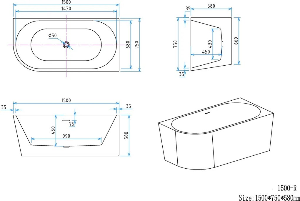 Erga Zara, rohová volně stojící vana 180x80 cm + odtoková zátka, pravá, bílá lesklá, ERG-ZARA-180080R-WH-WH