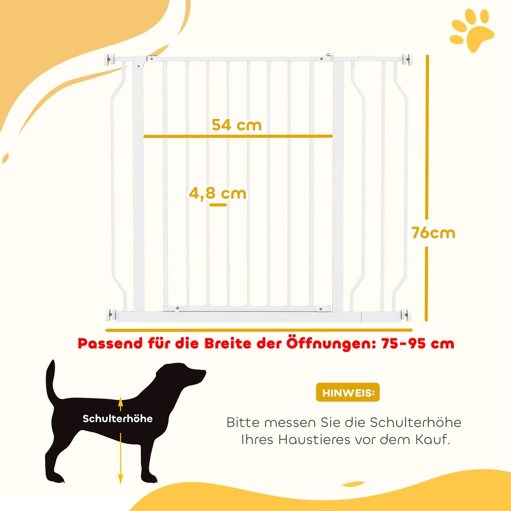 PawHut Ochranná brána na schody s prodloužením 10 cm, bez vrtání, pro šířku 75-95 cm, otočná na obě strany, ocelová bílá
