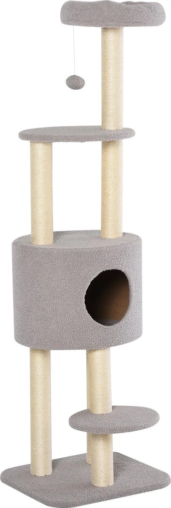 PawHut Kočičí škrabadlo výška 148 cm kočičí věž se sisalovými sloupy 3 platformami, domečkem a visící koulí šedá