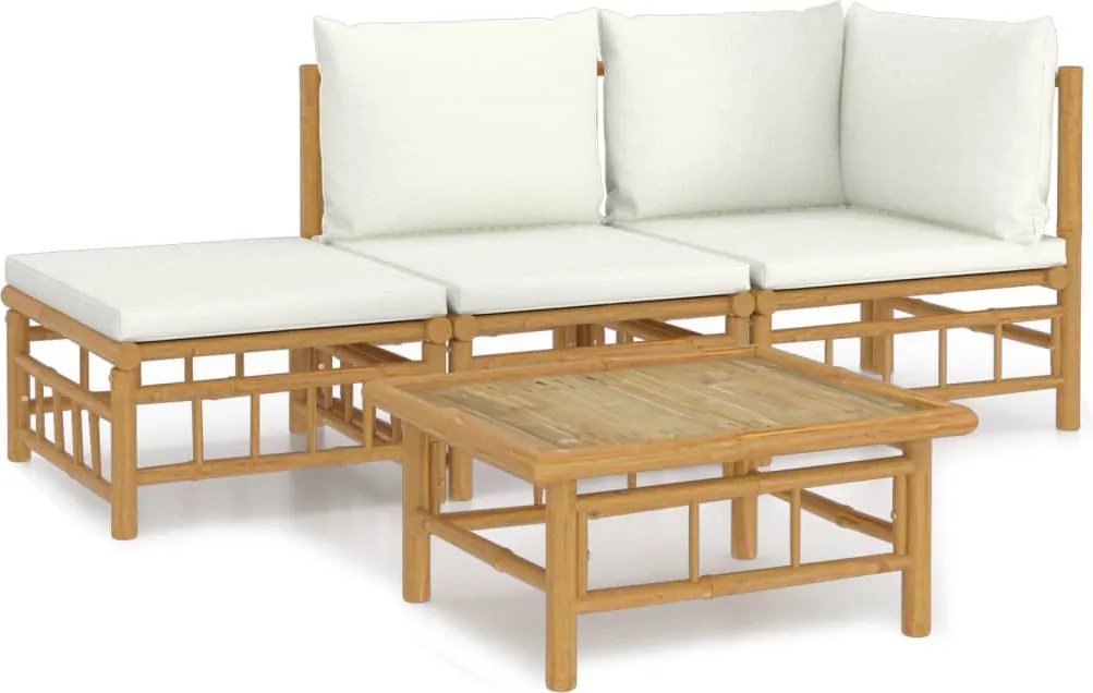 4dílná zahradní sedací souprava krémově bílé podušky bambus 3155176