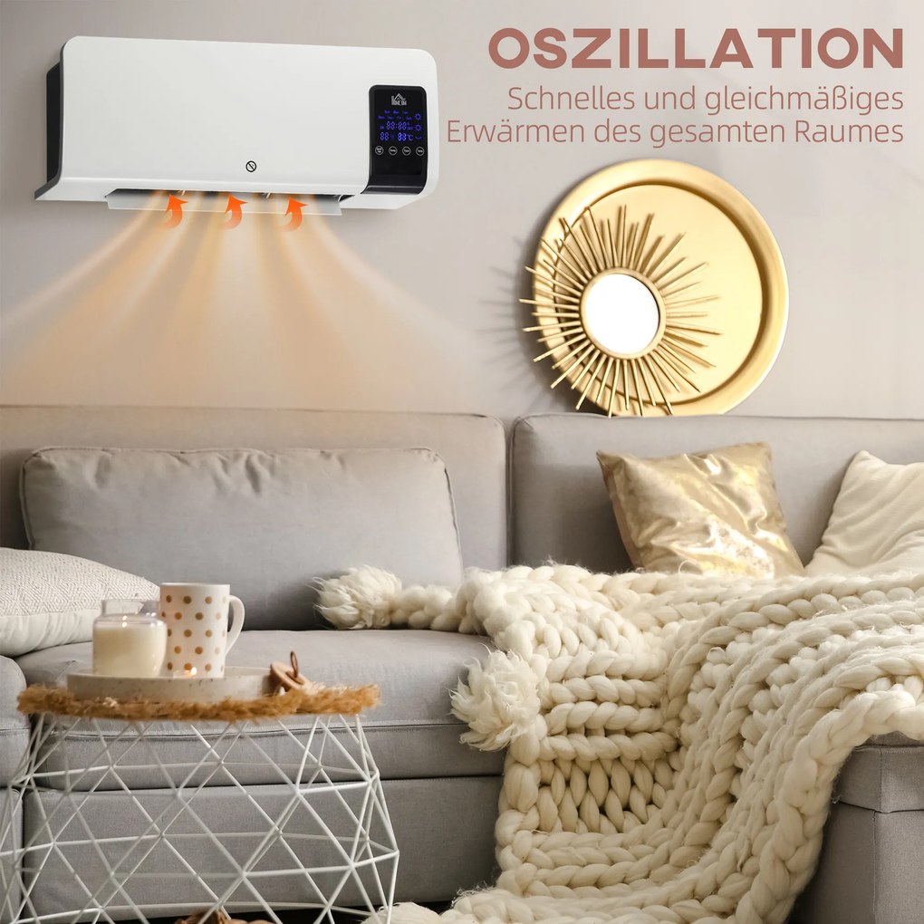 HOMCOM Elektrické topení, nástěnná montáž, oscilační funkce, 2 režimy, časovač, LED displej, bílá