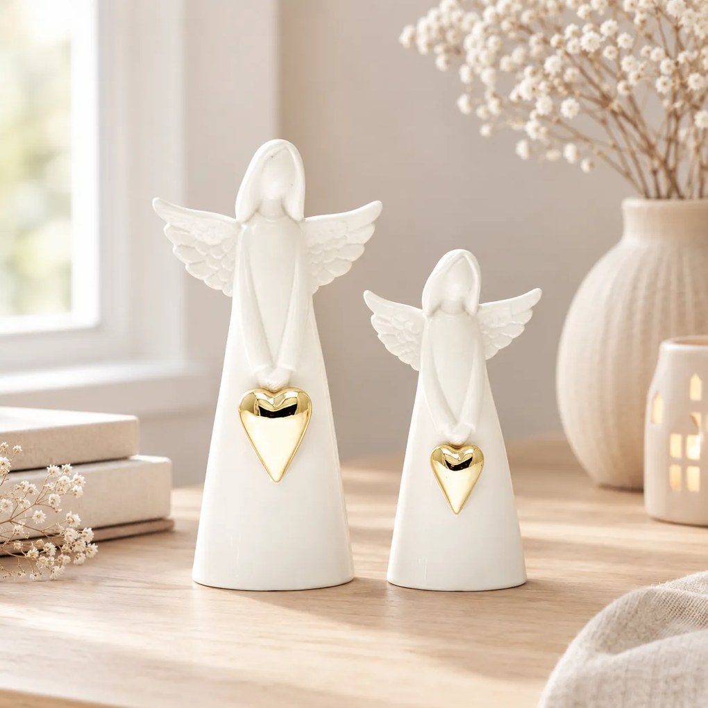 Porcelánový anděl se zlatým srdcem – malý, 15 cm