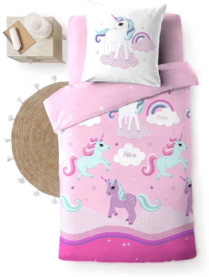 Růžové bavlněné dětské povlečení na jednolůžko 140x200 cm Licorne – douceur d'intérieur