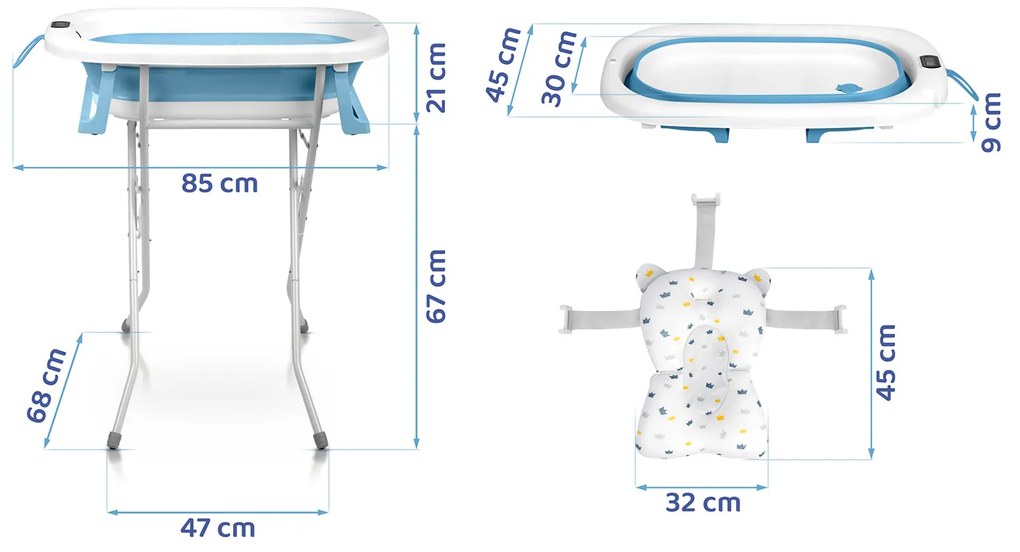 Skládací dětská vanička s rámem, teploměrem a vložkou Ricokids RK-287 bílá a modrá pro kojence