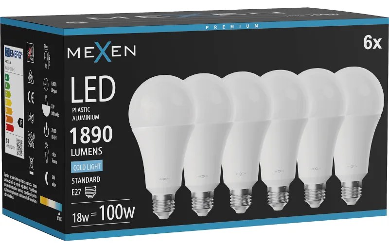 Mexen Nova 6x LED žárovka E27, A70, 18W, Studená - 6500K, 1890 lm - L100-E27-1865-01x06