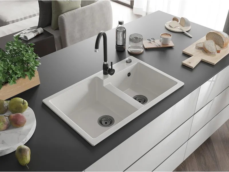 Mexen Tomas, granitový dřez 800x500x190 mm, 2-komorový, bílá s černým sifonem, 6516802000-20-B