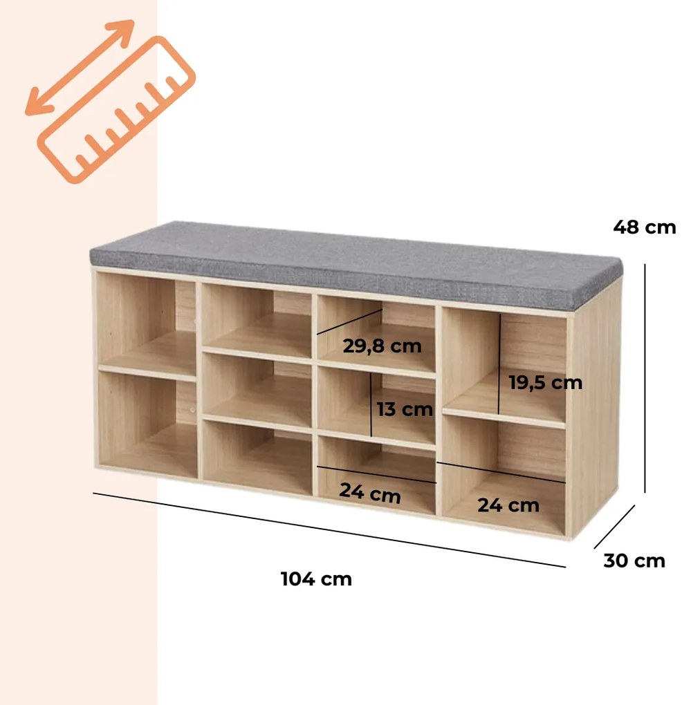 Botník s čalouněnou lavicí GABI, 10 přihrádek, 104x30x48cm, šedá/světlá hnědá Jurhan