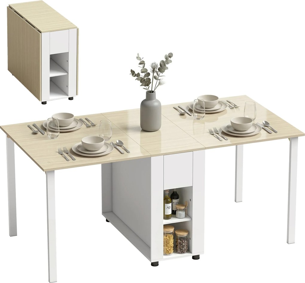 HOMCOM rozkládací jídelní stůl pro 6 osob s výsuvnými deskami, zásuvkami a otevřenými policemi, 168,2 x 85 x 73 cm, bílý | Aosom