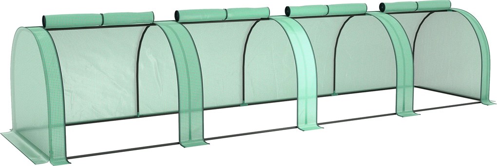 Mini skleník Outsunny - mini tunelový skleník pro pěstování rajčat 4 x 1 x 0,8 m, ocel, vysokohustotní PE 140 g/m², proti UV, 4 dveře s rolovacím zip…