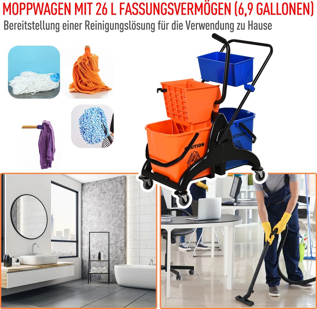 Úklidový vozík HOMCOM 26 litrů s lisem, kbelík na mop s kolečky, oranžový