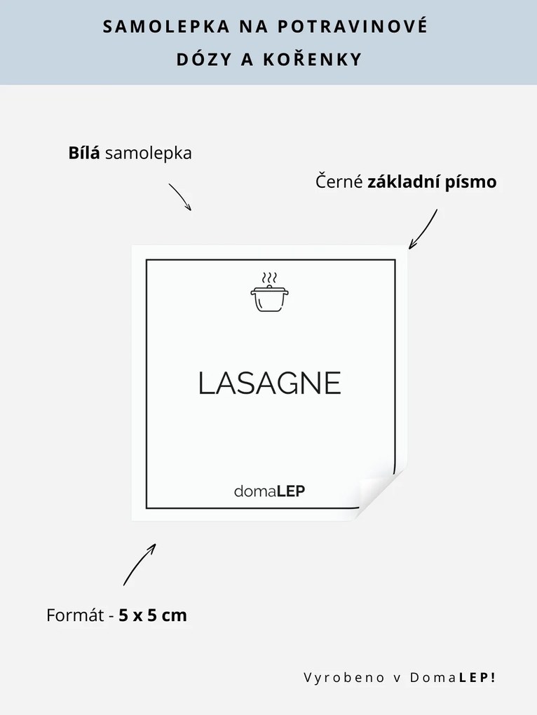 LASAGNE  – bílá samolepka na dózu, základní písmo, 5 x 5 cm | DomaLEP