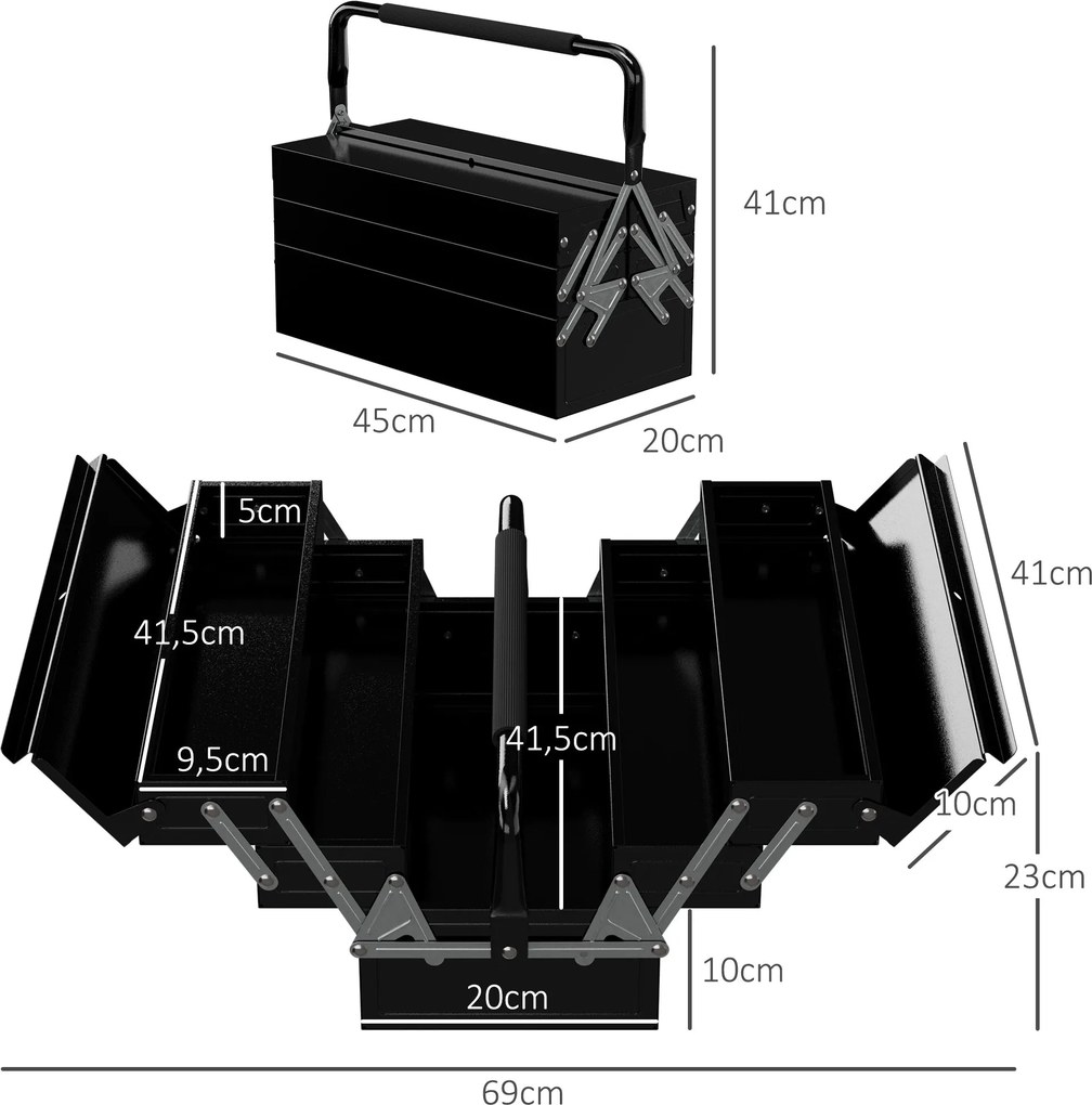 DURHAND kovový toolbox - Sada nářadí - 3 úrovně, 5 teleskopických přihrádek - Černý ocelový plech