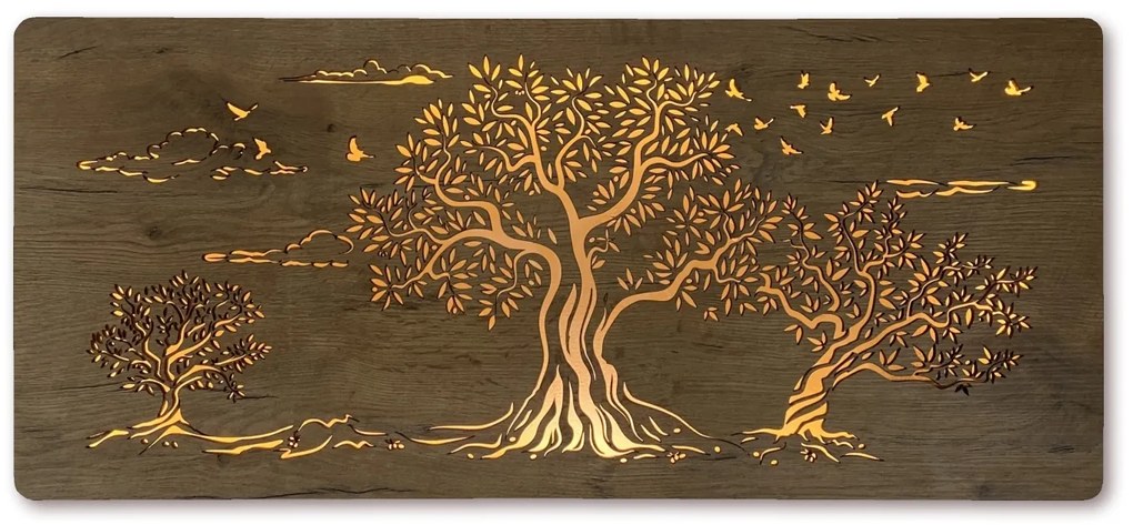 Li-Go "Tři olivy" světelný obraz s baterií 110x50cm varianta ovládání: manuál/pohybové čidlo, provedení povrchu: ořech