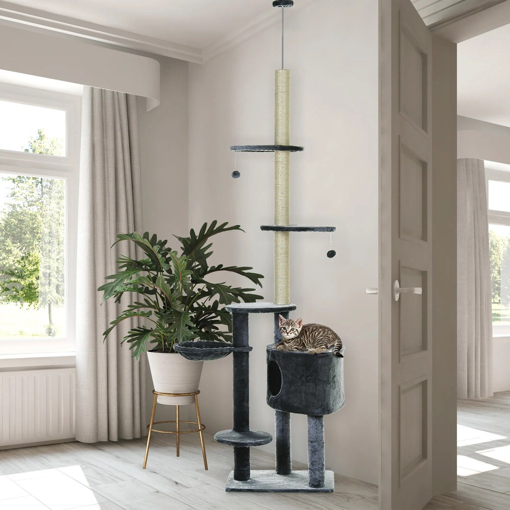 Strom pro kočky PawHut s nastavitelnou výškou H220-265 cm, nosnost do 30 kg, strom pro kočky s bidýlky, hracím míčem a postranním pelíškem, tmavě šedý