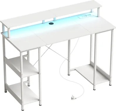 HOMCOM Otočný počítačový stůl s úložnými prostorami, 120x50 cm, s elektrickými zásuvkami a LED světly, bílý s dřevěným vzhledem