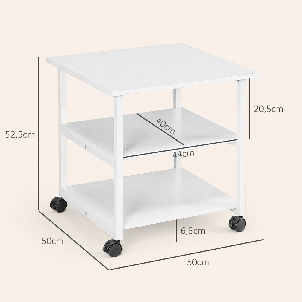 HOMCOM Stojan na tiskárnu se 3 policemi, mobilní na kolečkách 50 x 52,5 cm Bílá