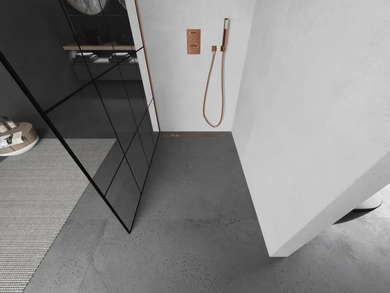Mexen Kioto, sprchová zástěna Walk-In 130 x 200 cm, 8mm čiré sklo černý vzor, ​​měděný matný profil, 800-130-101-65-77