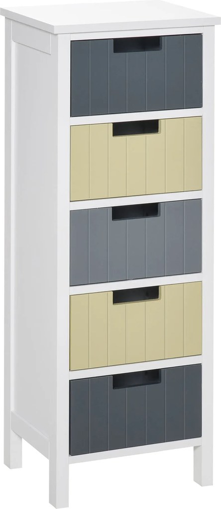 HOMCOM Dřevěná Komoda s 5 Zásuvkami, Noční Stolek se Zvednutými Nohami, Moderní Styl pro Ložnici, Obývací Pokoj, Koupelnu, 35x28x90.5 cm, Vícebarevná