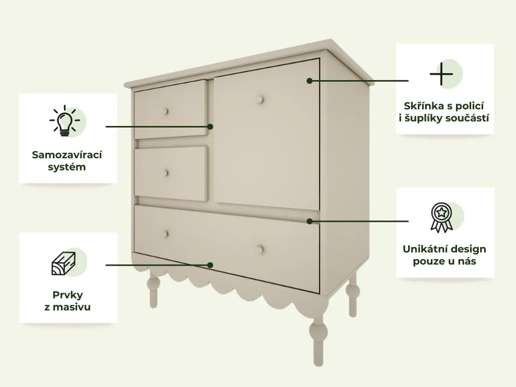 Nízká úložná komoda do dětského pokoje BABUSHKA olivová