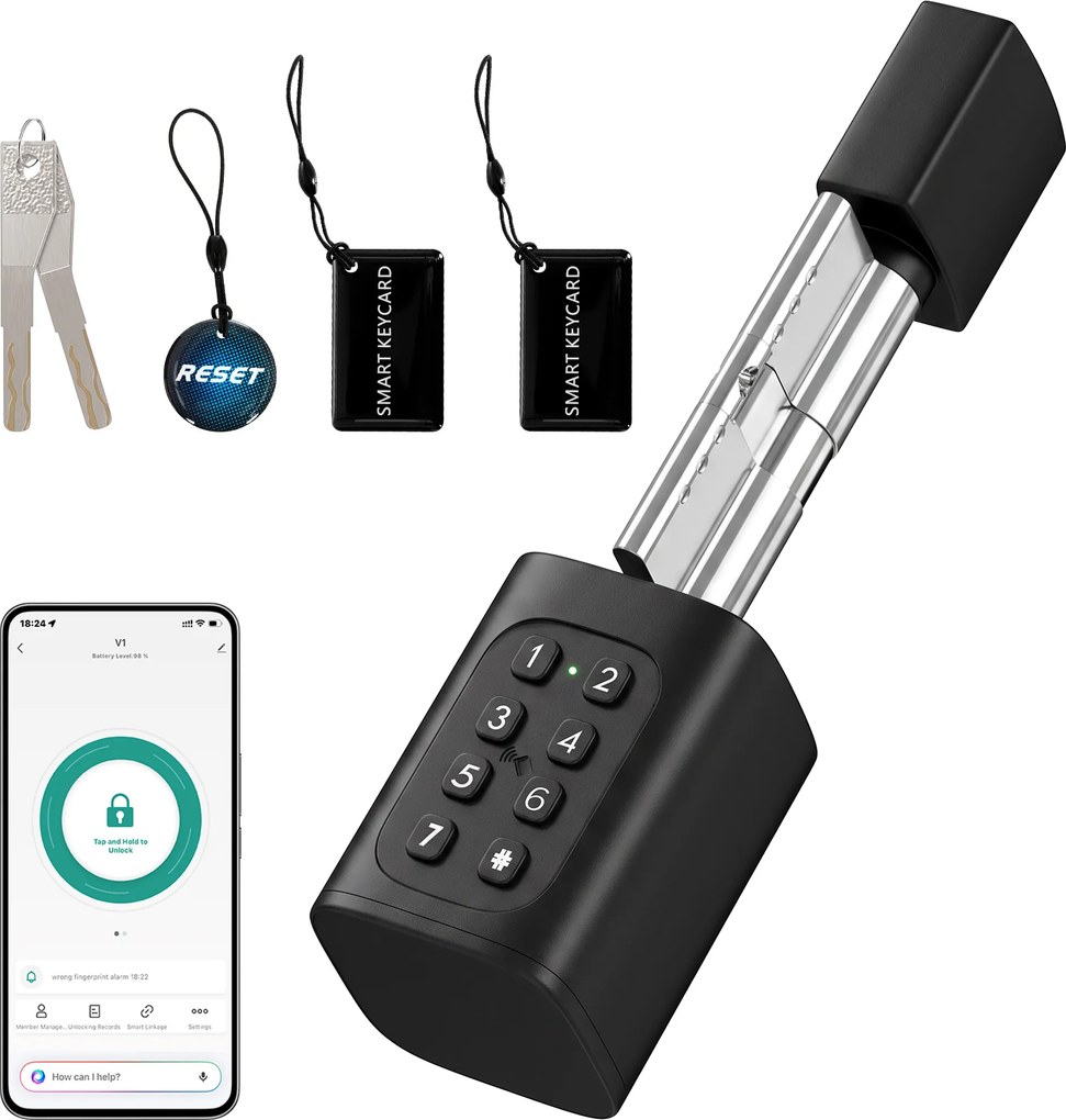 HOMCOM Chytrý dveřní válec, 5 v 1 s otiskem prstu, kódem, aplikací, NFC kartou a klíčem, společný přístup, Bluetooth válec