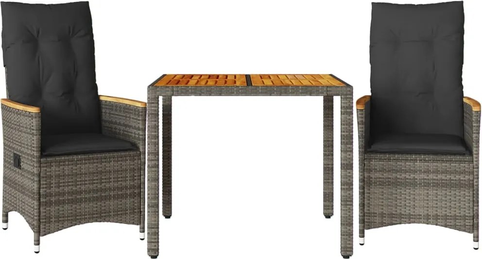 3dílný bistro set s poduškami šedý polyratan 3276843