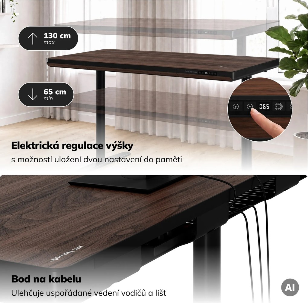 Elektrický psací stůl sit-stand se zásuvkou a bezdrátovou nabíječkou Qi černý/ořech, 1400 mm: ELLIS