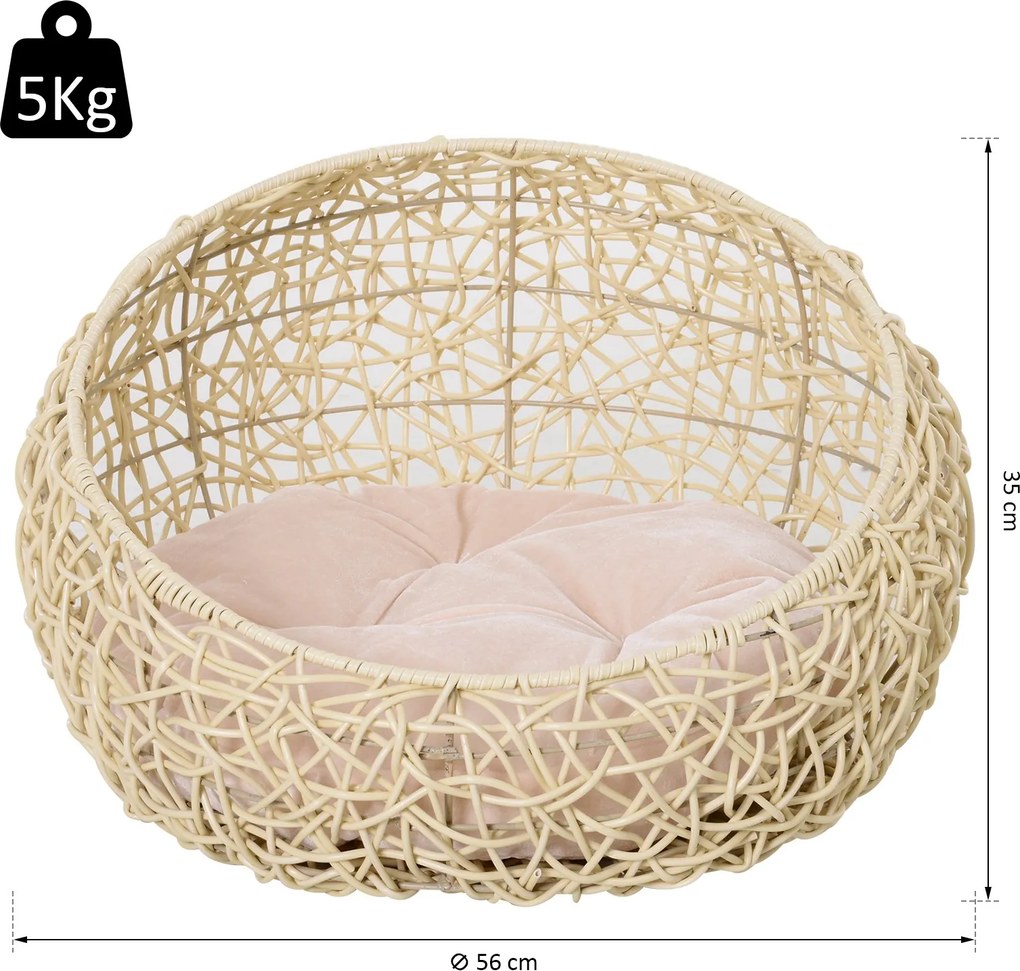PawHut ratanový pelíšek pro kočky Pohodlná jeskyně pro kočky s polštářem Koš pro kočky a pelíšek pro psy Béžová Ø56x35cm pro kočky a malé psy | Aosom…