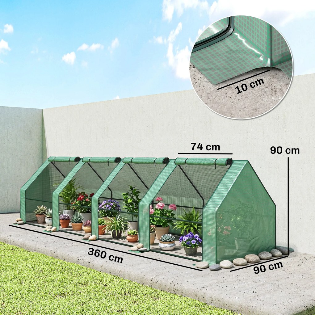 Outsunny Skleník se zipovým oknem, zimovzdorný foliový skleník z oceli 360 x 90 cm Zelený