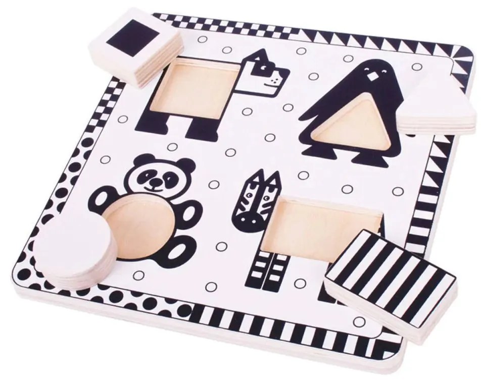 Bigjigs Toys Dřevěné vkládací puzzle černobílé tvary 1