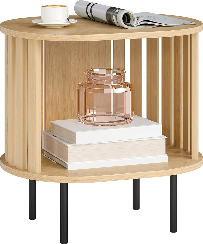 HOMCOM Oválný odkládací stolek, stolek u pohovky, otevřená přihrádka, kovové nohy, lamelový design, 50x39x50 cm, přírodní vzhled dřeva
