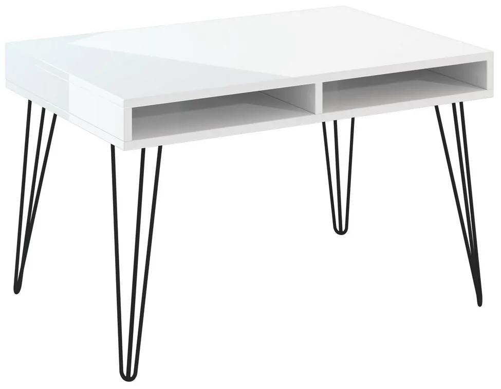 Konferenční stolek LEIRIA 90x60 cm, lamino bílá lesk, kov černý mat